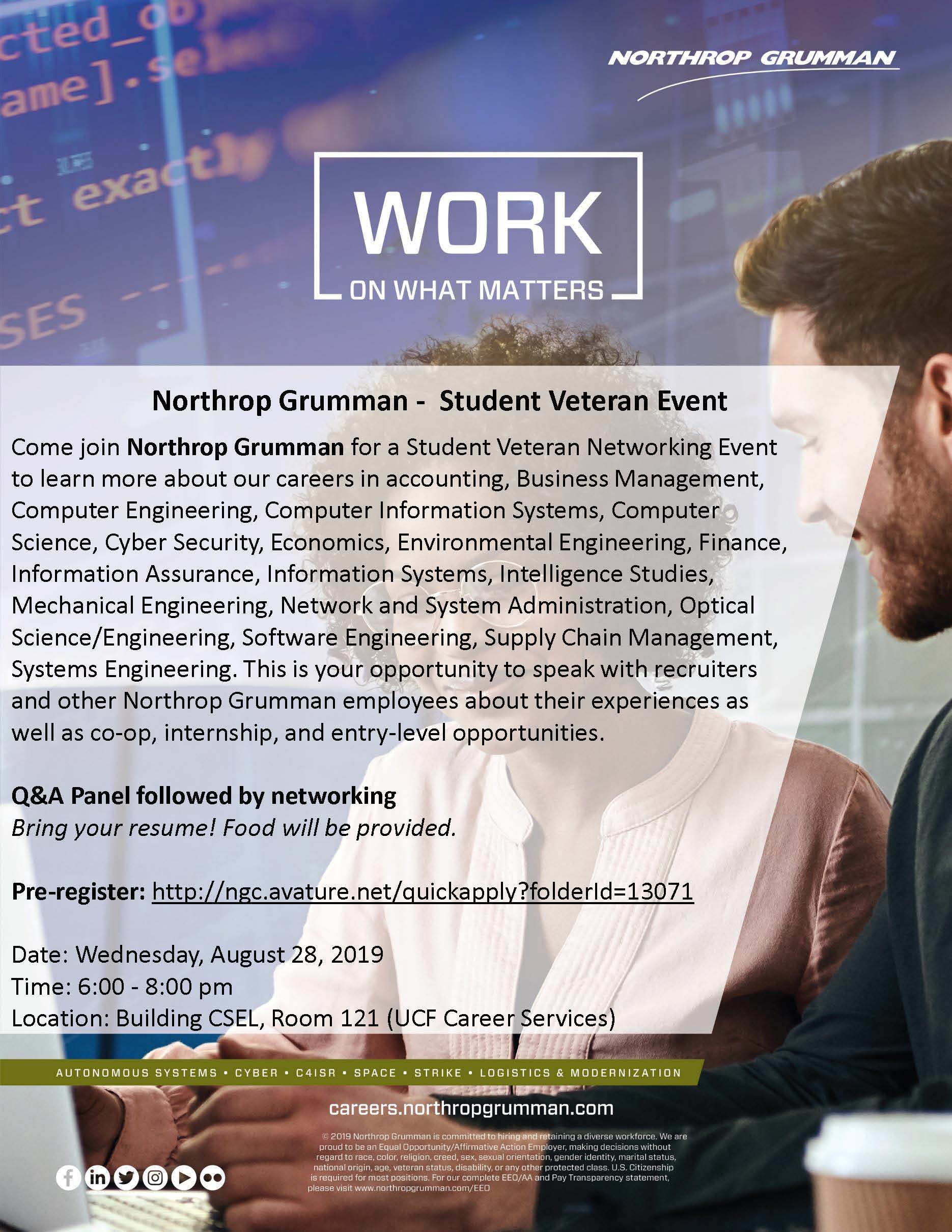 Meet with Northrop Grumman Recruiters! • Office of Military and Veteran Student Success • UCF